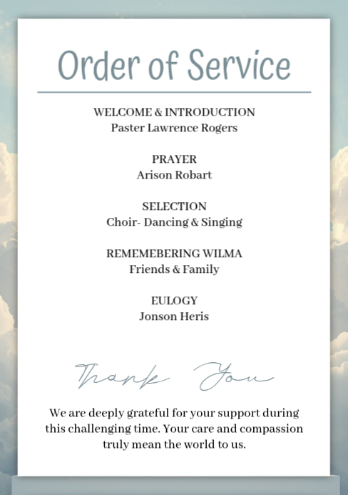 White Minimalist Order of Service A5 Template | PosterMyWall