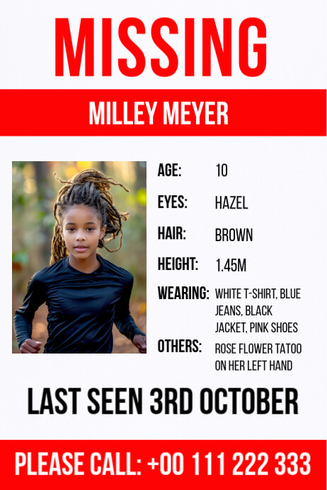 White Missing Person Poster Template | PosterMyWall