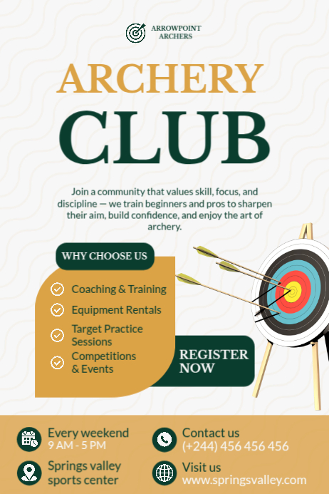 White Modern & Minimal Archery Club Poster Template | PosterMyWall