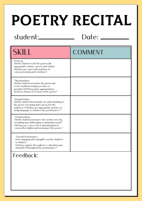 White Modern & Minimal Colorful Poetry Oral Recitation Assessment Table ...
