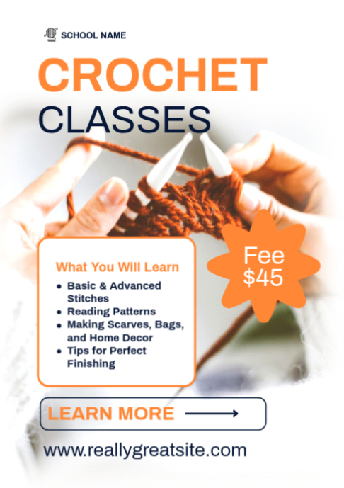 White Modern & Minimal Creative Crochet Classes A2 Template | PosterMyWall