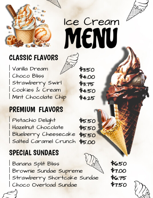 Copy of White Modern & Minimal Ice Cream Menu Free Template Flyer (us ...