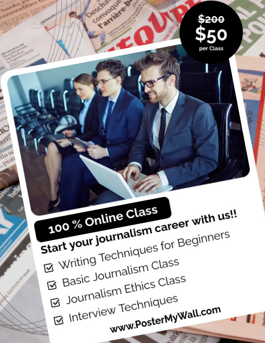 White Modern & Minimal Journalist Online Class Ads Flyer Template ...