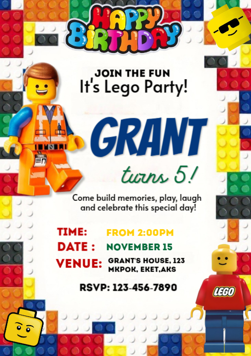 White Modern & Minimal Lego Birthday Invitation Template A4 | PosterMyWall