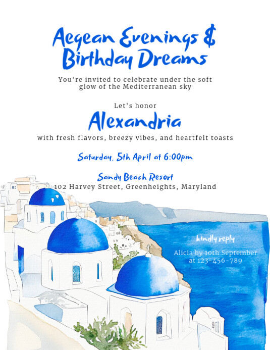 White Modern & Minimal Mediterranean Birthday Invitation Flyer (us ...