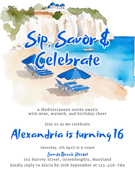 White Modern & Minimal Mediterranean Birthday Invitation Flyer (us ...
