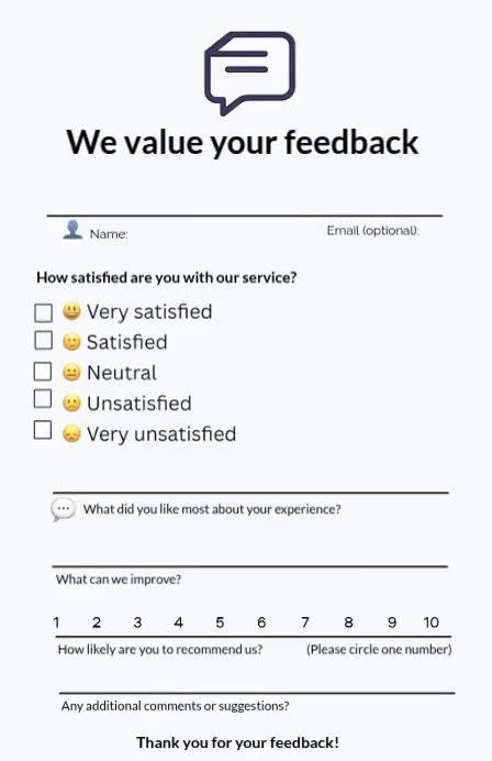 White Modern & Minimal Minimalist Customer Feedback Form Tabloid Template | PosterMyWall