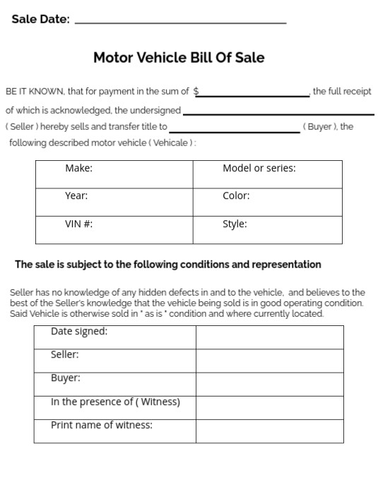 White Modern & Minimal Motor Vehicle Bill Of Sale Form Flyer (us Letter ...