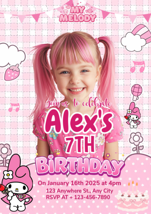 White Modern & Minimal My Melody Birthday Invitation A4 Template ...