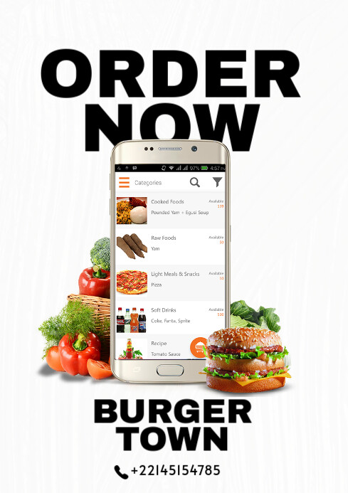White Modern & Minimal Order Now Food App A3 Template | PosterMyWall