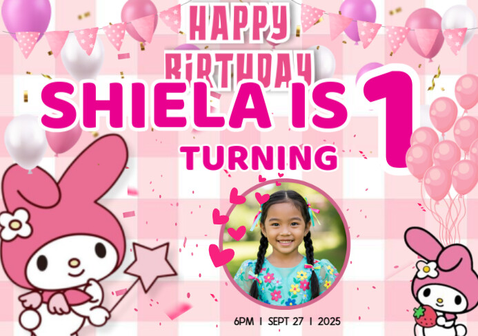 White Modern & Minimal Pink My Melody 1st Birthday Invitation A5 ...