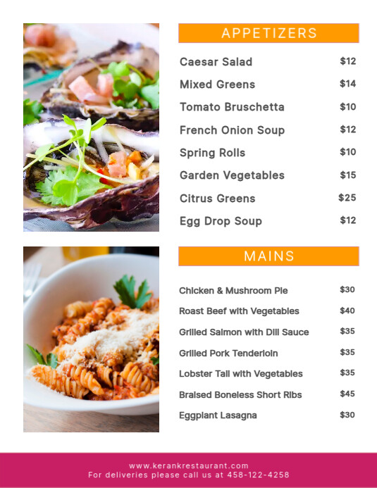 White Modern & Minimal Pink Orange Menu Flyer (US Letter) Template ...