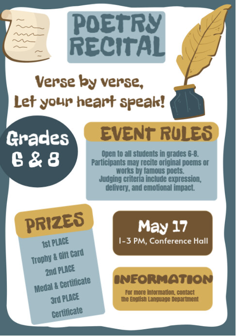 Plantilla de White Modern & Minimal Poetry Recital Poster In Blue Brown ...