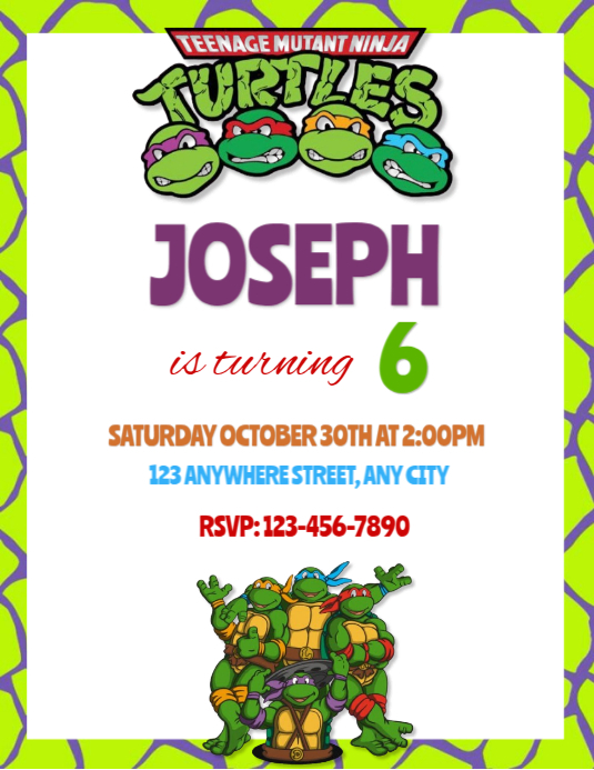 White Modern & Minimal Teenage Mutant Ninja Turtles Birthday Invitation ...
