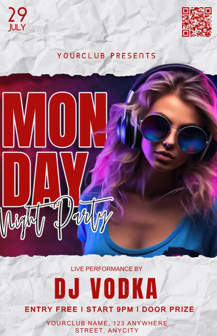 White Neon Monday Night Party Tabloid Template | PosterMyWall