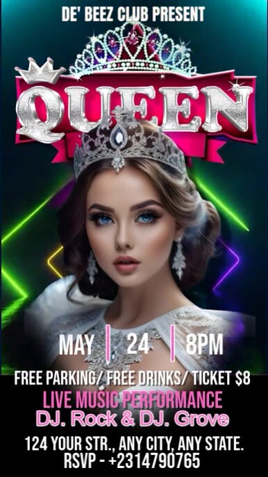 White Neon Queens Night Party Digital Display (9:16) Template ...