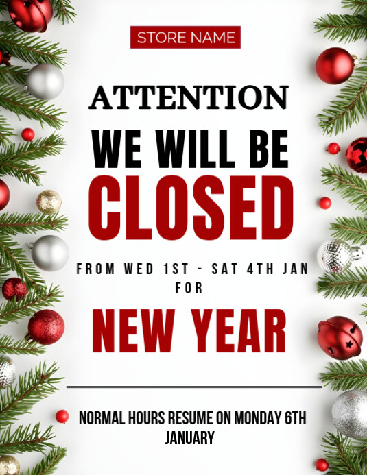 White New Year Closure Flyer (us Letter) Template | PosterMyWall