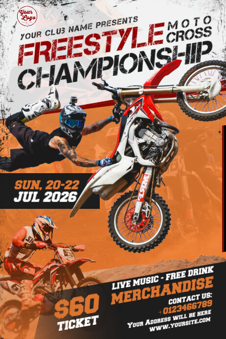 White Orange Maximalist Motocross Champion Poster Template | PosterMyWall