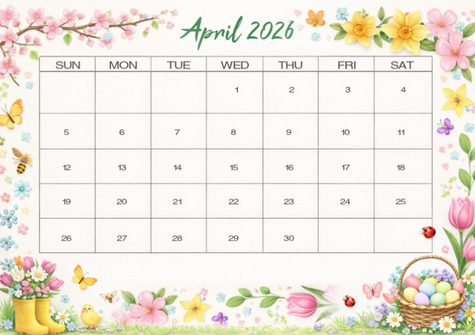 Plantilla de White Pastel April Calendar 2026 A4 | PosterMyWall