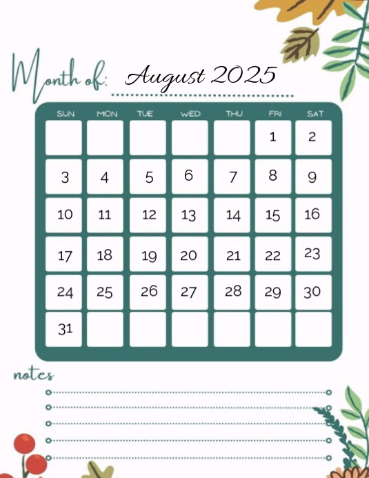 White Pastel August Calendar 2025 Flyer (us Letter) Template | PosterMyWall