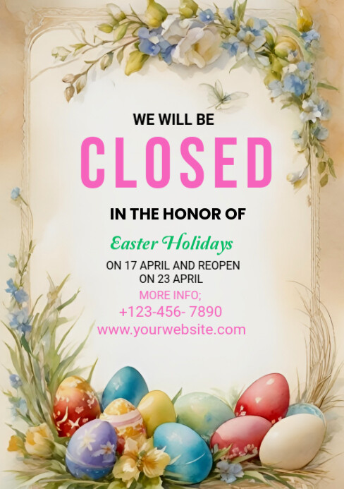 White Pastel Easter Day Closed A5 Template | PosterMyWall