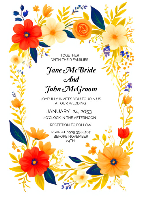 White Pastel Flora Wedding Card A6 Templat | PosterMyWall