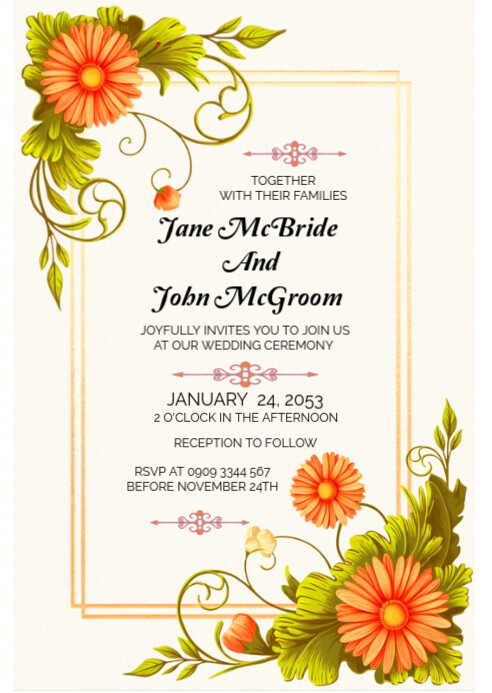 White Pastel Floral Wedding Invitation Card A6 Template | PosterMyWall