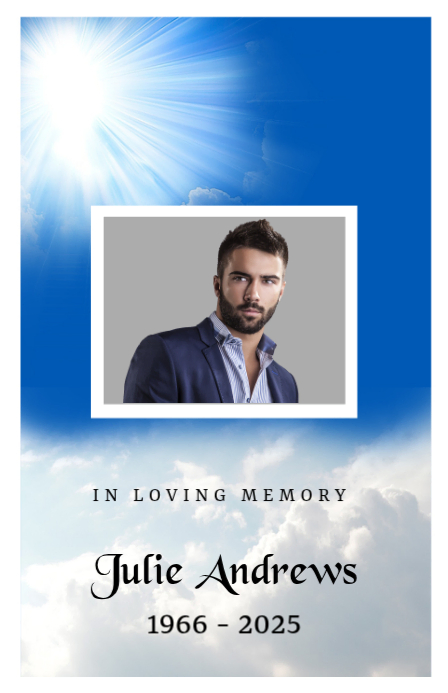 White Pastel Funeral Card Blue Sky Half Page Wide Template | PosterMyWall