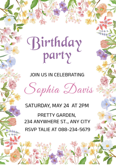 White Pastel Garden Flowers Birthday Party Invitation Template A4 ...
