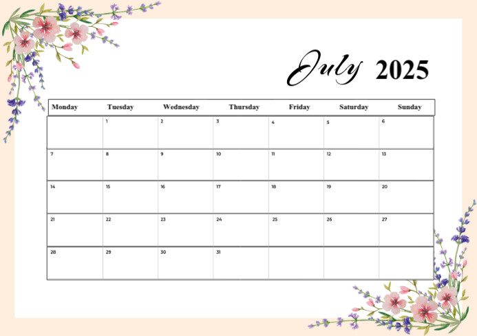 White Pastel July Calendar A4 Template | PosterMyWall