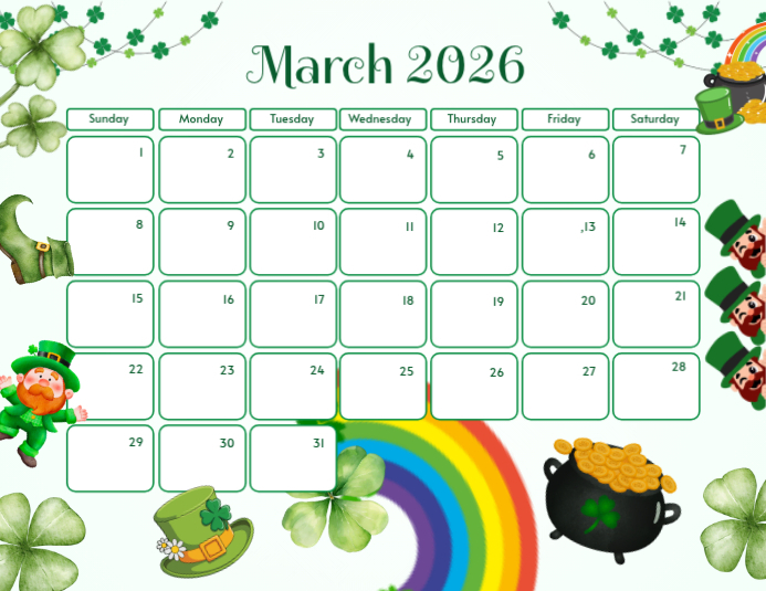White Pastel March Calendar 2026 Flyer (us Letter) Template | PosterMyWall