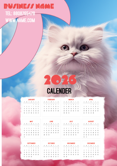 White Pastel Pink A4 2026 Calender Template | PosterMyWall