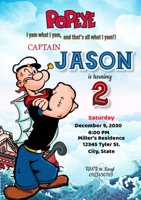 Copy of White Pastel Popeye Birthday A4 | PosterMyWall