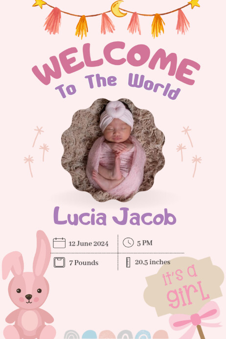 Copy of White Pastel Templete For Baby Girl Announce, Pink Tempelete ...