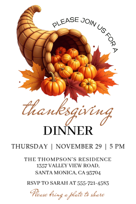 White Pastel Thanksgiving Dinner Invitation Template Poster | PosterMyWall
