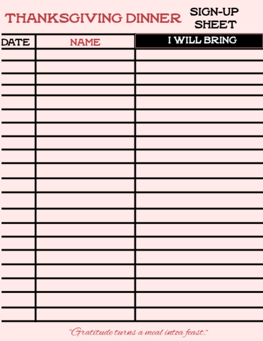 White Pastel Thanksgiving Dinner Sign-up Sheet Flyer (us Letter ...