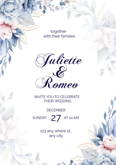 White Pastel Wedding Invitation A5 Template | PosterMyWall