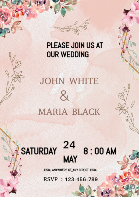 White Pastel Wedding Invitation A5 Template | PosterMyWall