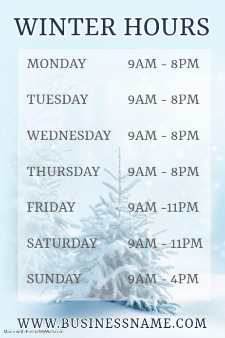 White Pastel Winter Business Hours Poster Template | PosterMyWall