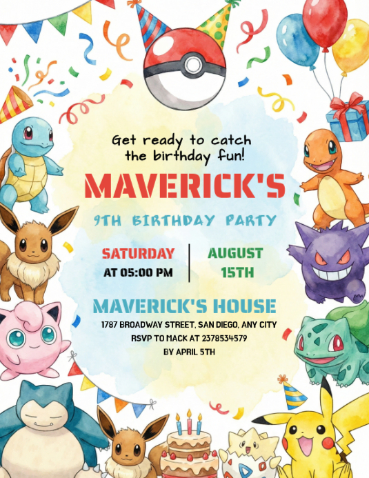 White Pokemon Birthday Invitation, Flyer (us Letter)-Vorlage | PosterMyWall