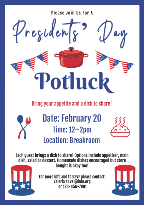 White Presidents' Day Potluck A4 Template | PosterMyWall