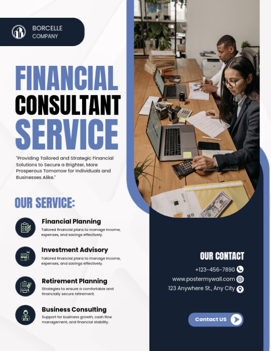 White Profesional Financial Consultant Service Pamflet (letter As) Template | PosterMyWall