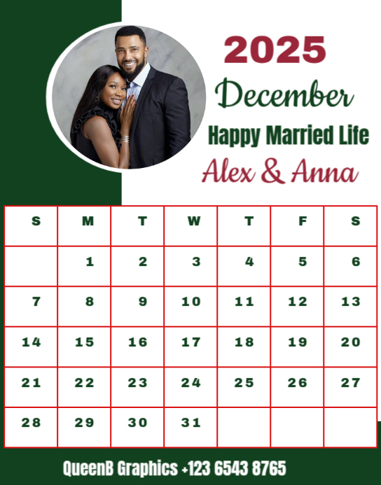 White Professional 2025 December Calendar Happy Married Life Design Template Poster/wallboard ...