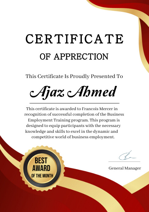 White Professional Apprection Certificate A5 Template | PosterMyWall