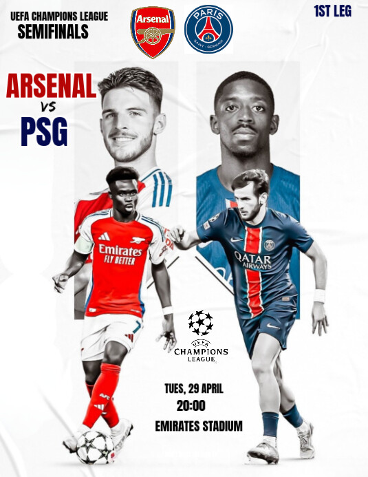 Plantilla de White Professional Arsenal Vs Psg Ucl Semifinals Matchday ...