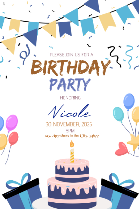 White Professional Birthday Party Invitation Poster Template | PosterMyWall