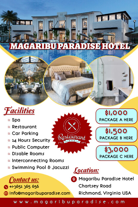 White Professional Black, Yellow, Blue Hotels Template | PosterMyWall