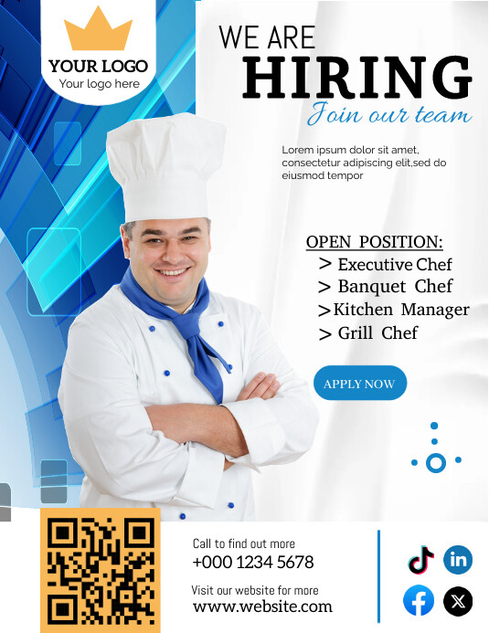 Plantilla de White Professional Blue Chef Job Vacancy Bann | PosterMyWall