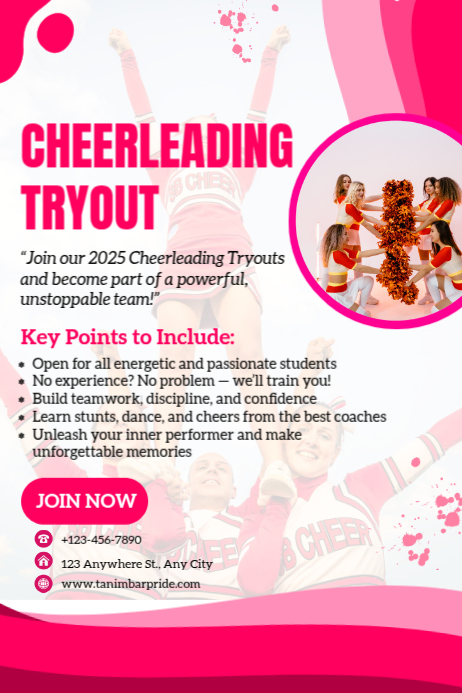 White Professional Cheerleading Tryout 2025 Poster Template | PosterMyWall