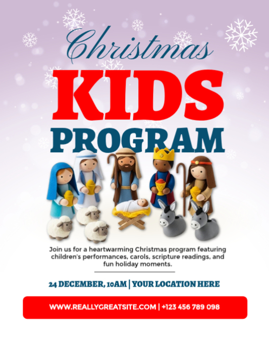 White Professional Christmas Kids Program — Cute Cartoon Church Flyer ...
